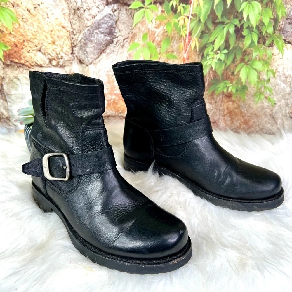Frye | Shoes | Frye Veronica Black Leather Moto Combat Heritage Classic ...